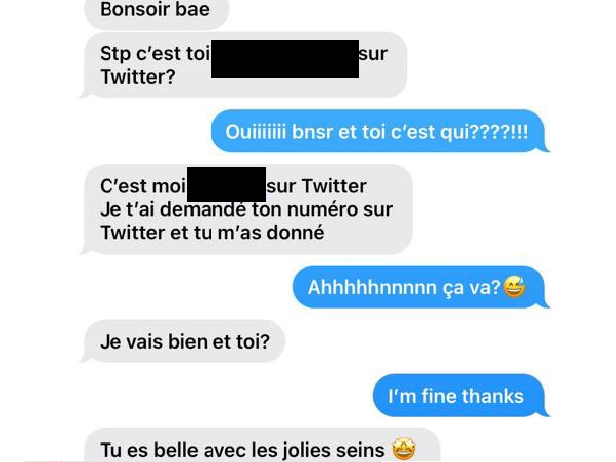 "Tu es belle avec de jolis $eins. J'aimerais t'envoyer..." ; Elle ...